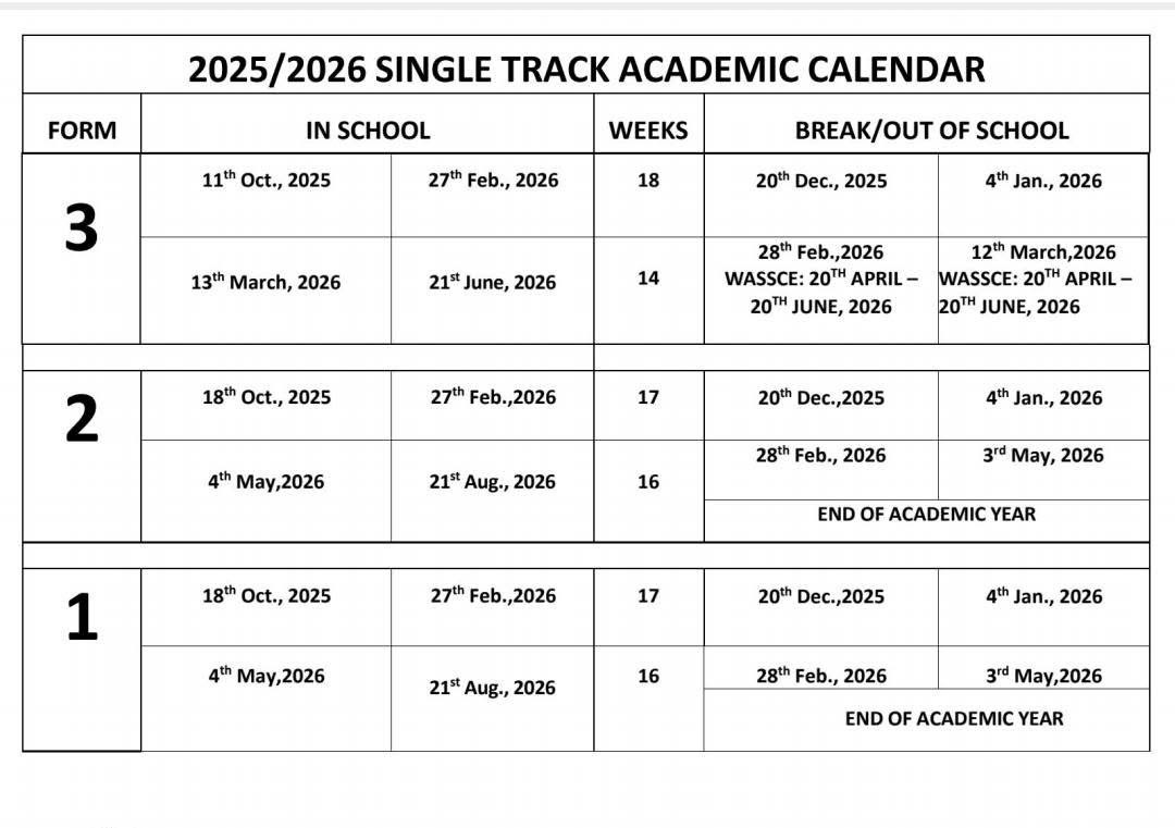 2025/2026 Academic Calendar For Second Cycle Institutions